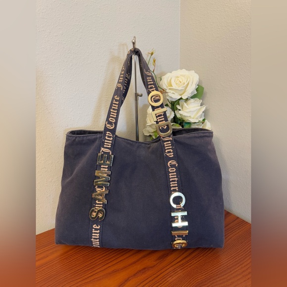 Juicy Couture | Bags | Y2k Juicy Couture Same Old Chic Gold Blue Canvas Medium Tote Easy | Poshmark